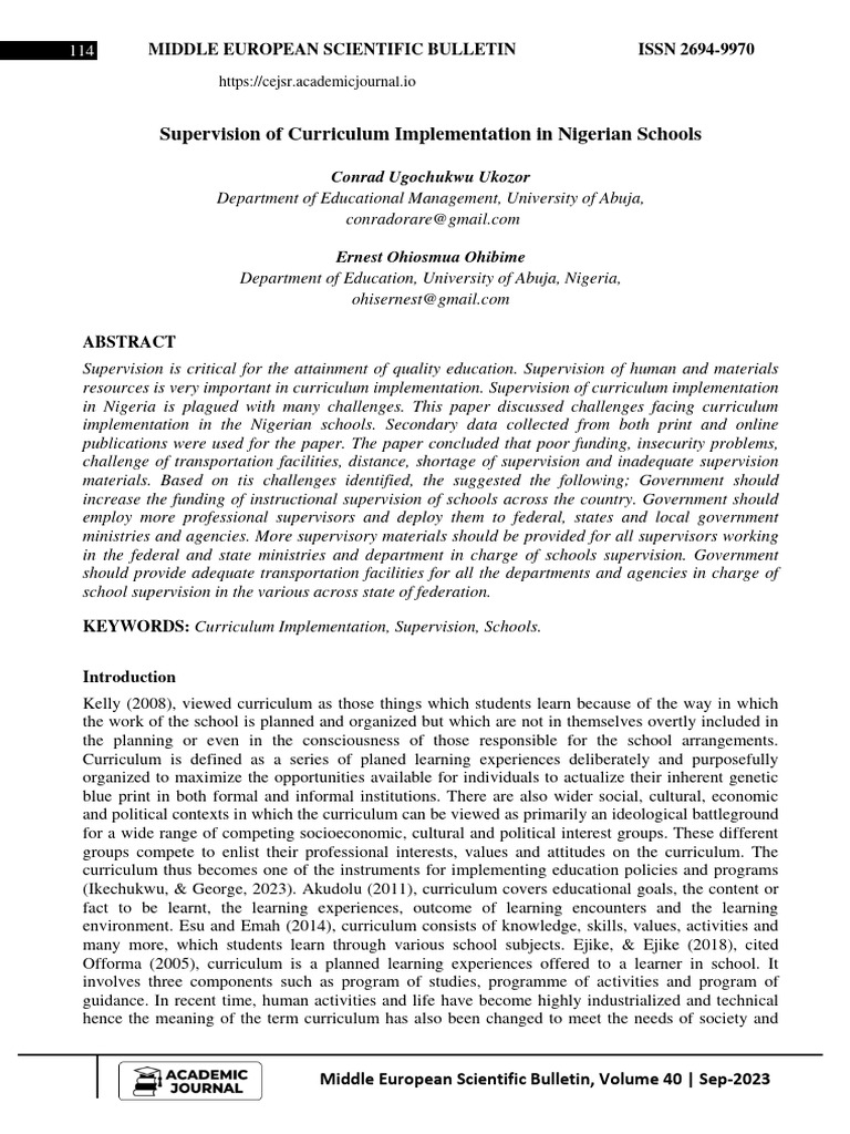 Supervision of Curriculum Implementation in Nigerian Schools | PDF | Curriculum | Teachers