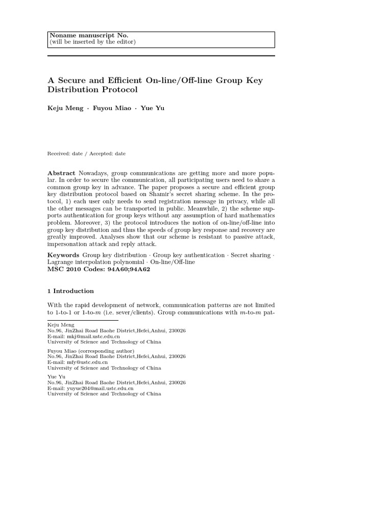 2019 A Secure And Effcient On Line Off Line Group Key Distribution Protocol Pdf Applied