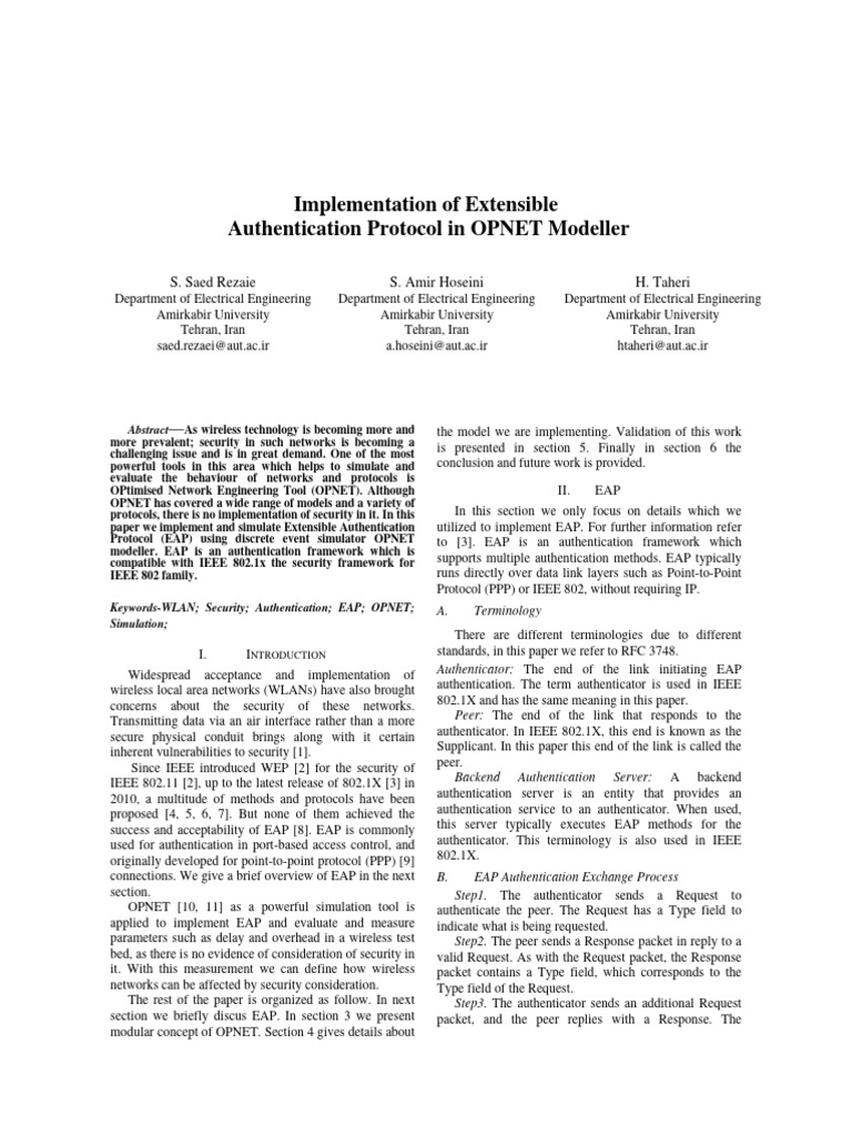 Implementation of Extensible Autentication Protocol in OPNET Modeler | PDF | Computer Network ...