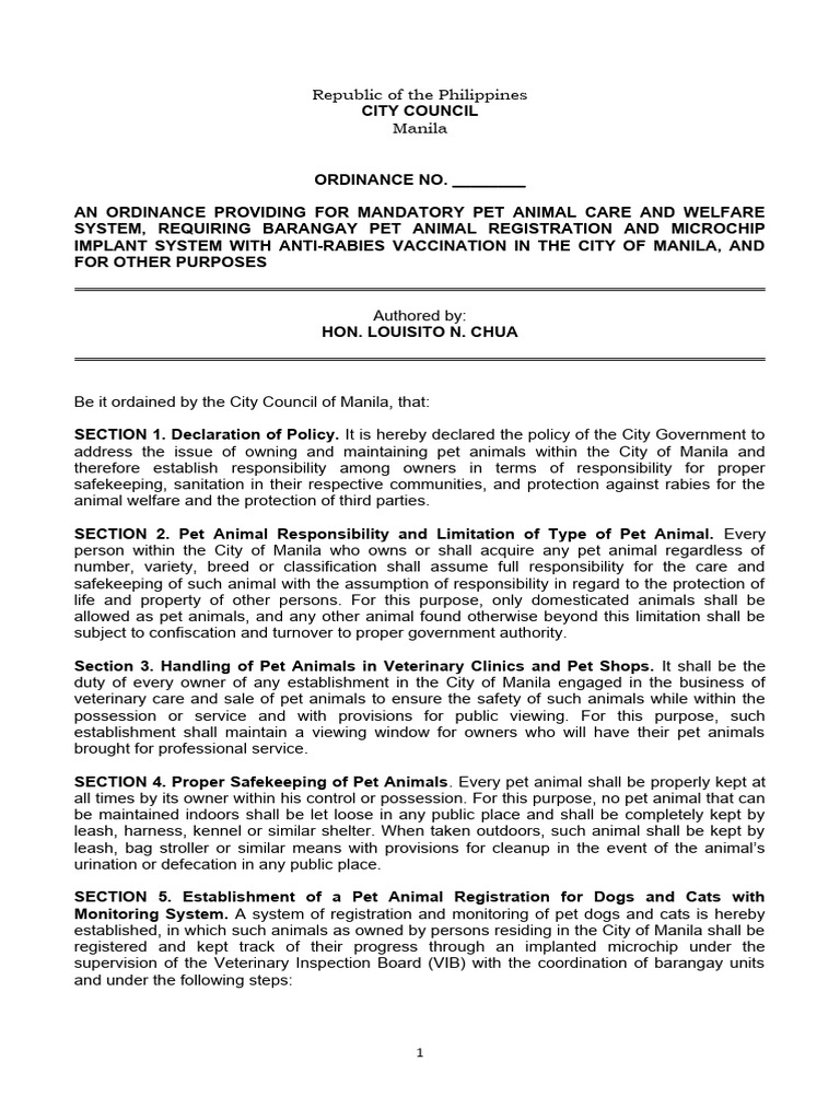 Manila Pet Animal Registration Ordinance | PDF | Pet | Animal Welfare