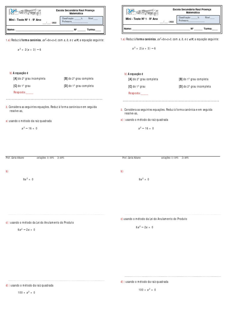MiniT1 - MU - Equ 2ºgrau Incompletas | PDF | Equações | Matemática