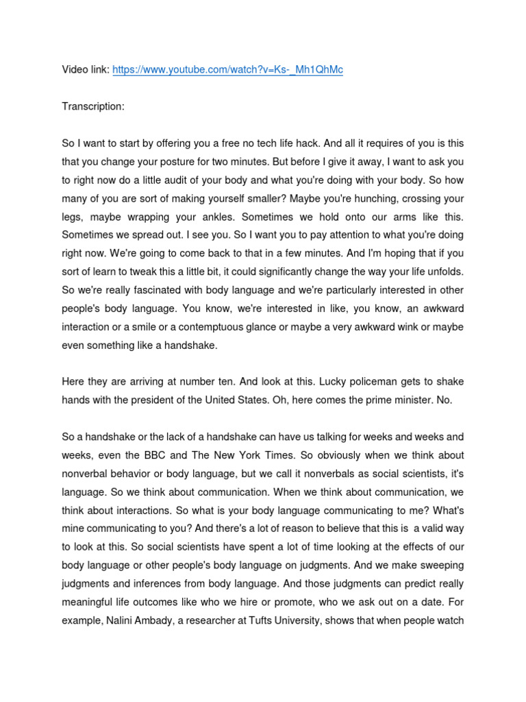Ted Talk - Exercise | PDF | Body Language | Nonverbal Communication