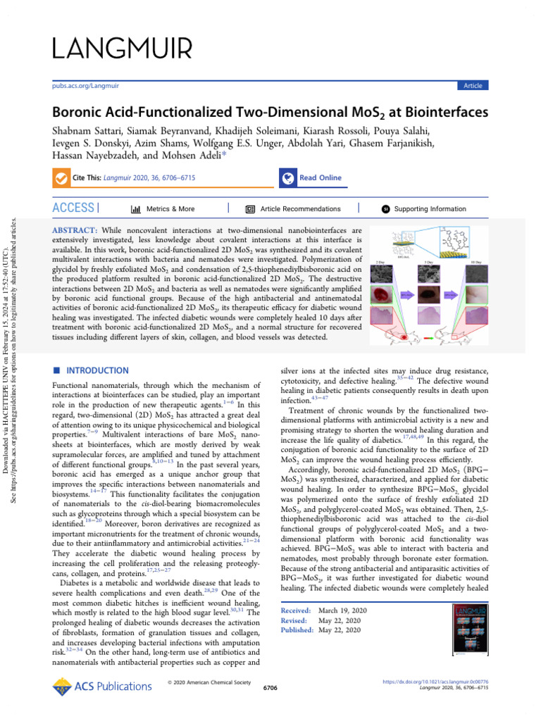 Sattari Et Al 2020 Boronic Acid Functionalized Two Dimensional Mos2 at Biointerfaces | PDF | X ...