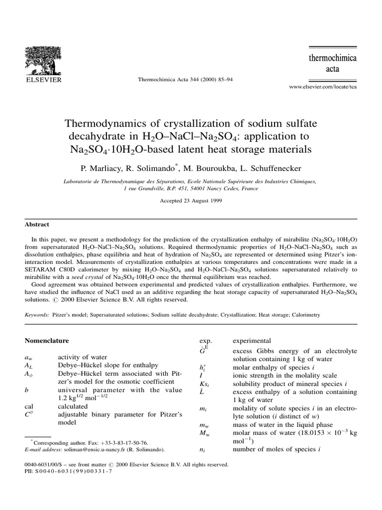 Thermodynamics of Crystallization of Sodium Sulfate Decahydrate in H O Nacl Na So: Application ...