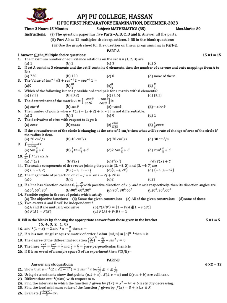 Apj II Pu Maths Preparatory Papers | PDF | Equations | Matrix (Mathematics)