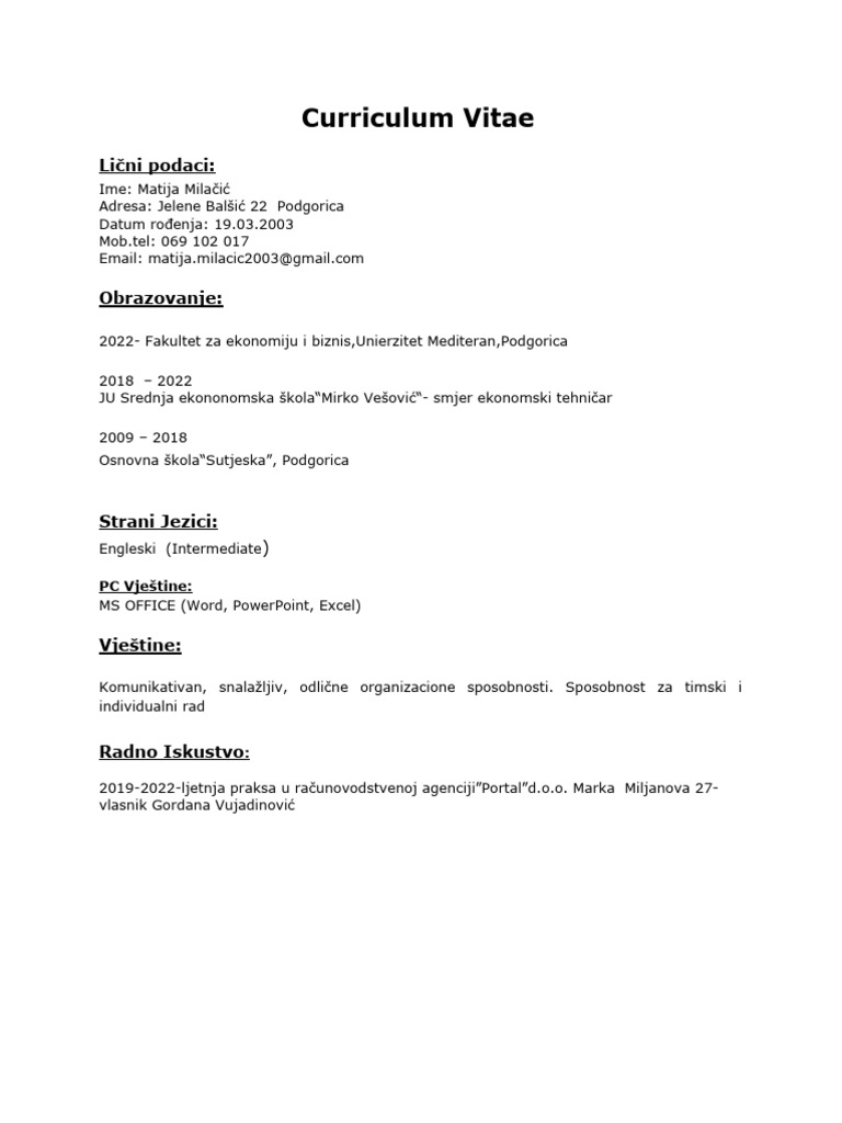 Curriculum Vitae Matija Milacic | PDF