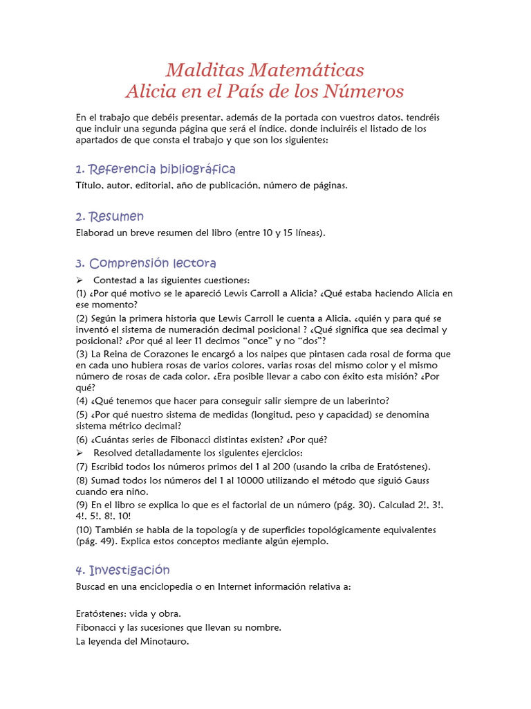 Ficha Alicia en El Pais de Los Numeros | PDF