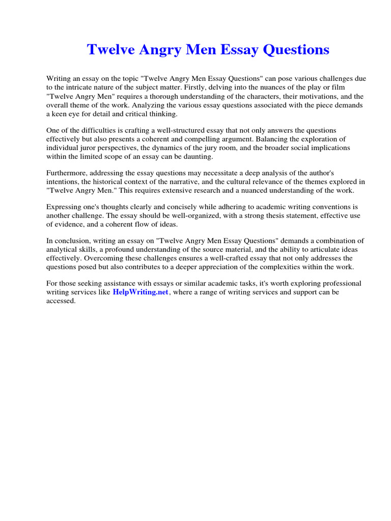 Twelve Angry Men Essay Questions | PDF | Science | Learning