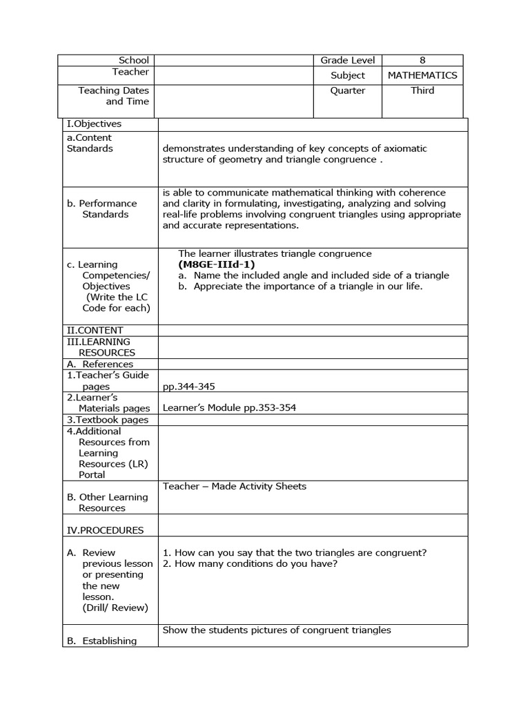 Triangle Congruence Lesson Plan | PDF | Learning | Mathematics