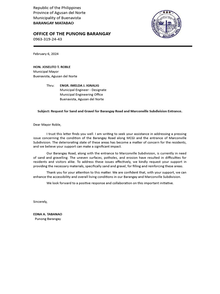 Request for Sand and Gravel Assistance | PDF