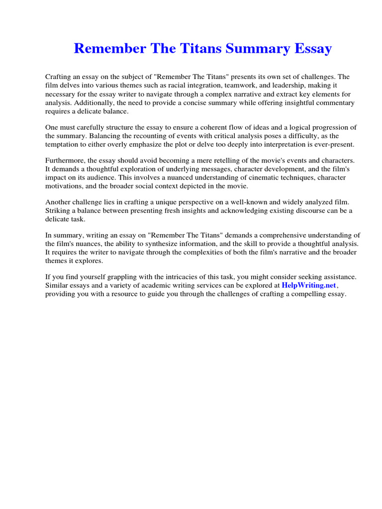 Remember The Titans Summary Essay | PDF | Essays | Narrative