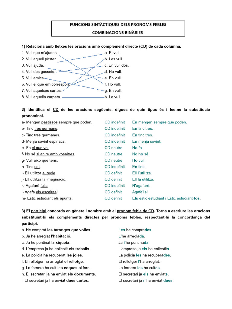 Activitats pronoms febles 2n BATX SOLUCIONS | PDF
