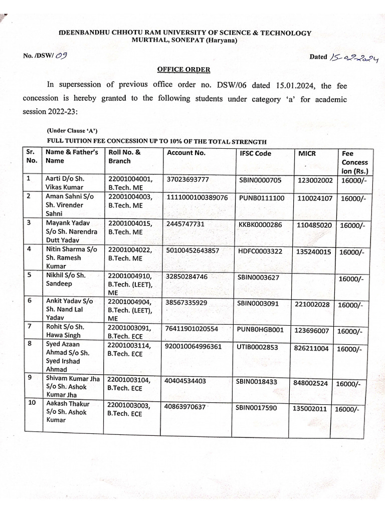 OFFICE ORDER NO. 9 Dated 15.02.2024 Regardin Fee Concession For ...