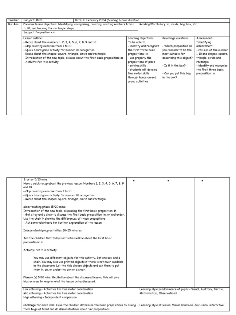 Week 23 - Math - Lesson Plan | PDF | Learning Styles | Learning