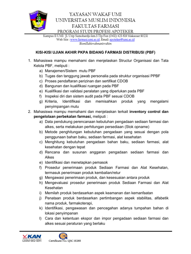 Kisi-Kisi Ujian Farmasi Distribusi (PBF) | PDF