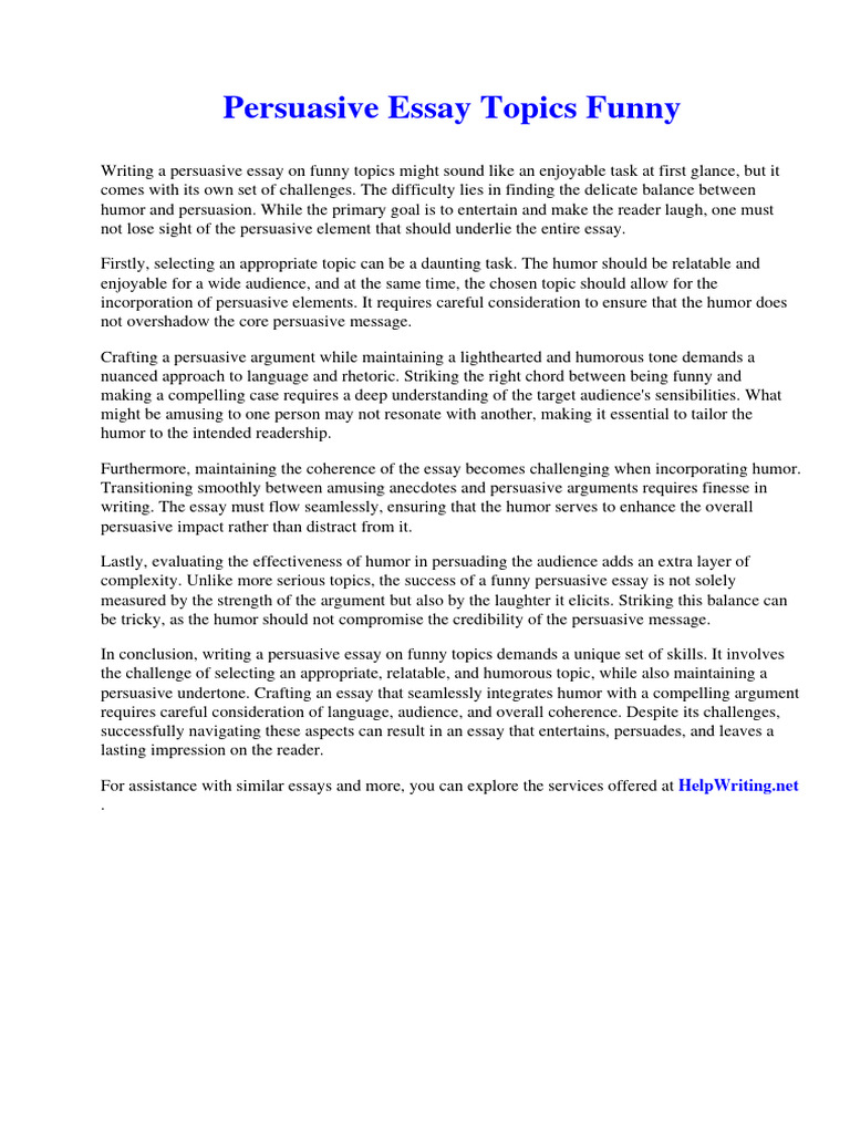 Funny Persuasive Essay Topics Guide | PDF | Humour | Persuasion