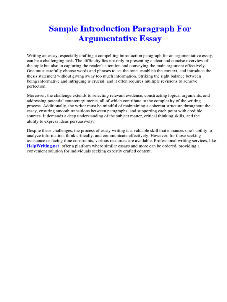 Sample Introduction Paragraph For Argumentative Essay | PDF | Relational Database | Essays