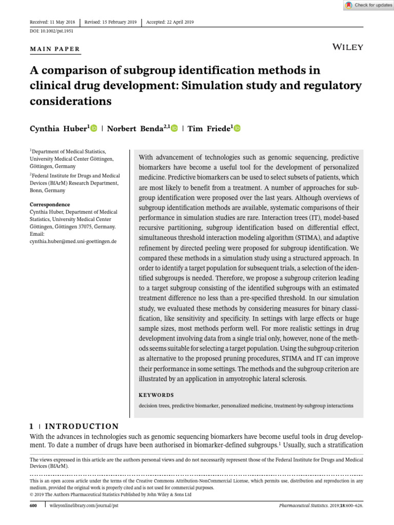 Pharmaceutical Statistics - 2019 - Huber - A Comparison of Subgroup Identification Methods in ...