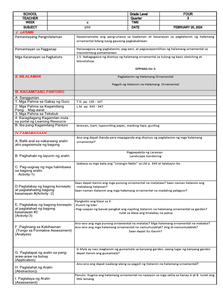 School Grade Level Four Teacher Quarter 3 4 EPP Pamantayang ...