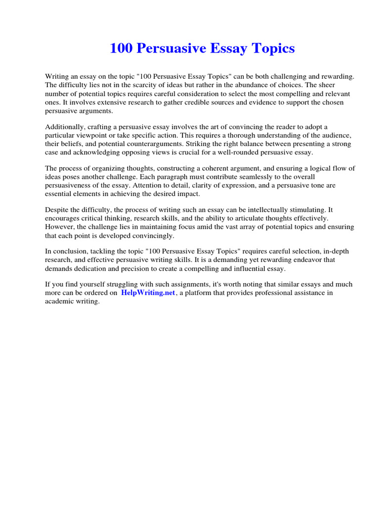 100 Persuasive Essay Topics | PDF | Lean Manufacturing | Essays