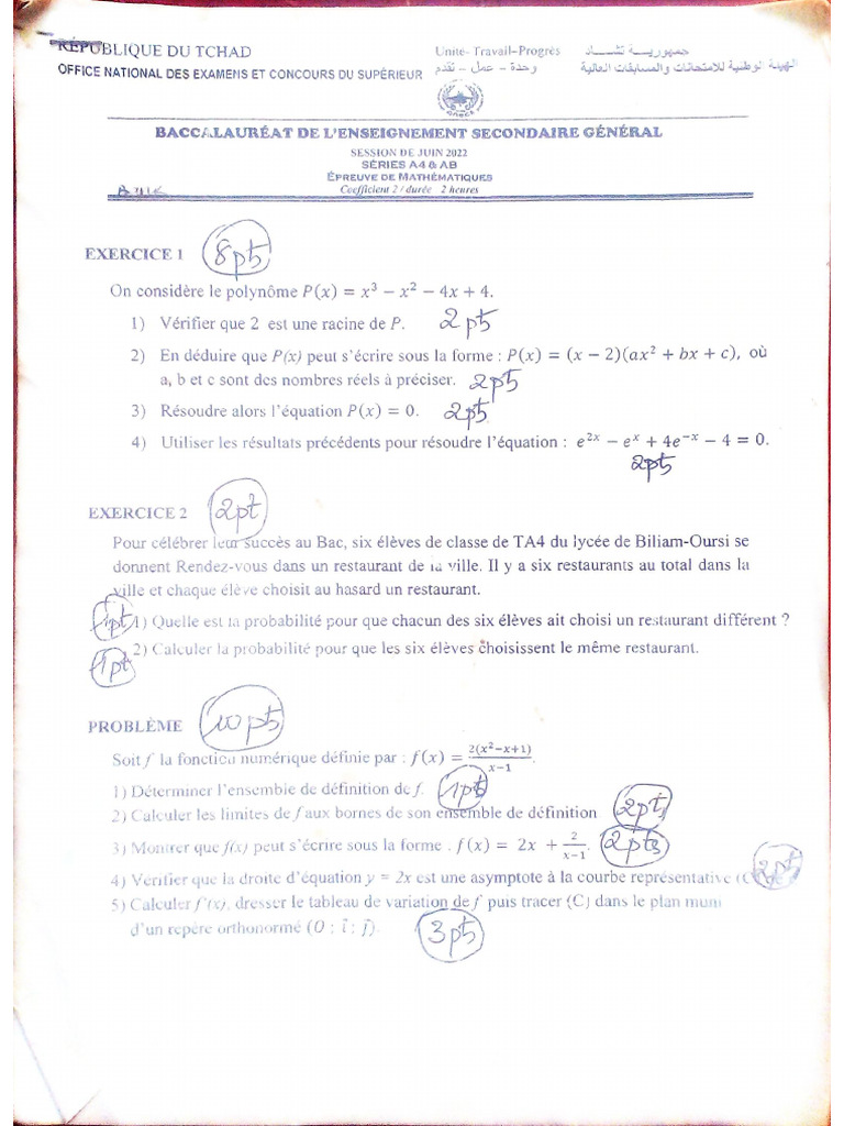 Maths Bac Tchad A4 Et AB 2022 | PDF