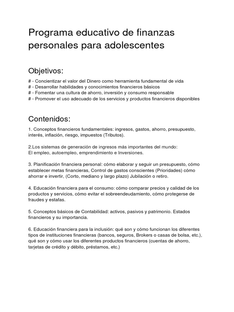 Programa Financiero para Adolescentes | PDF | Bolsa | Presupuesto