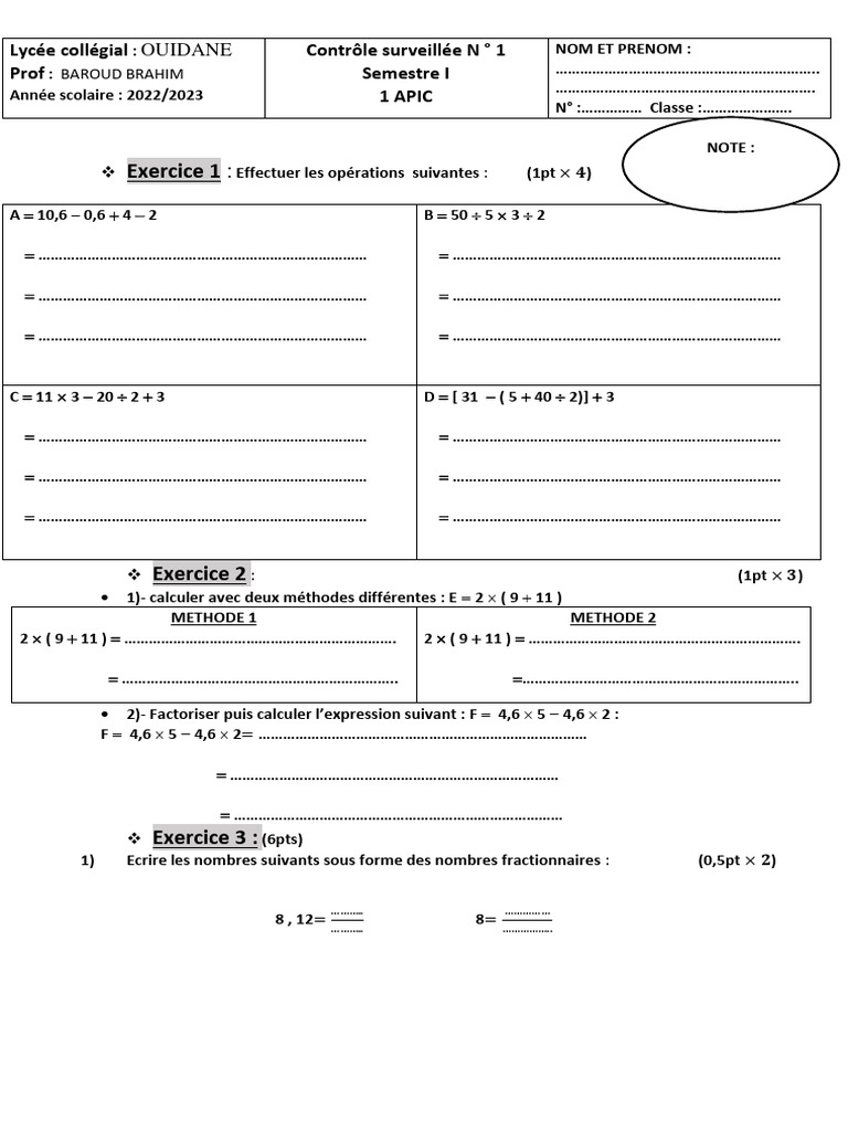 Devoir Surveillé 1APIC 2023 PDF | PDF