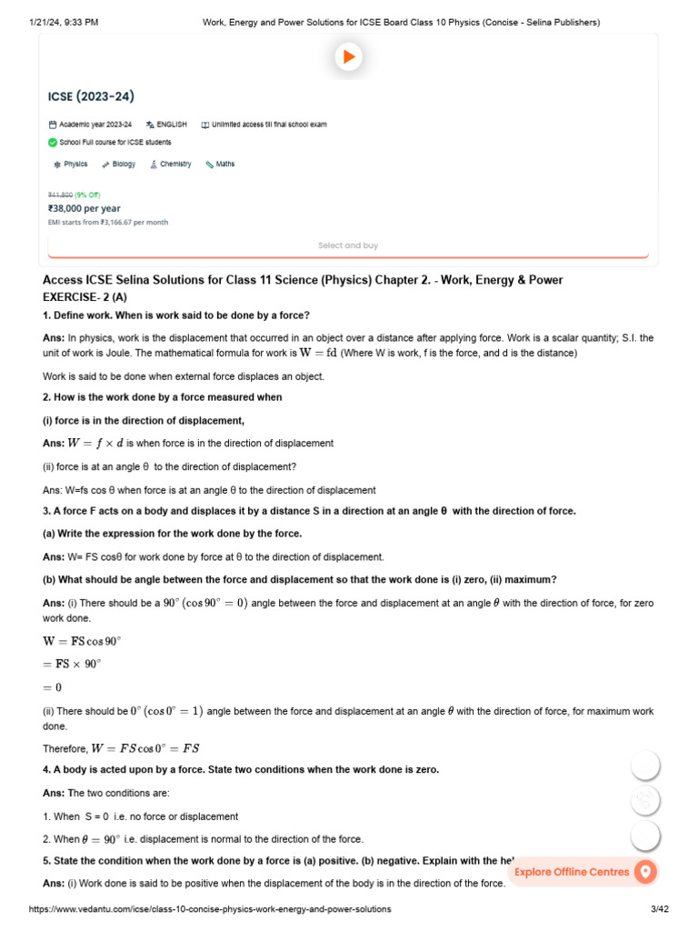 Work, Energy and Power Solutions For ICSE Board Class 10 Physics ...