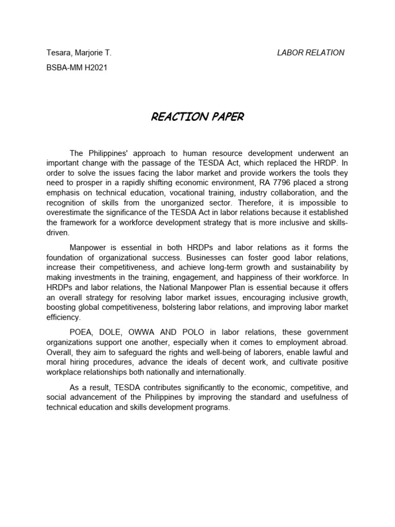 Reaction Paper in Labor Relation 1 | PDF