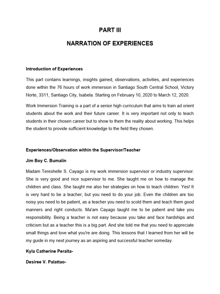 Jimbumalin-Part 3 Narration of Experiences (Work Immersion) | PDF ...