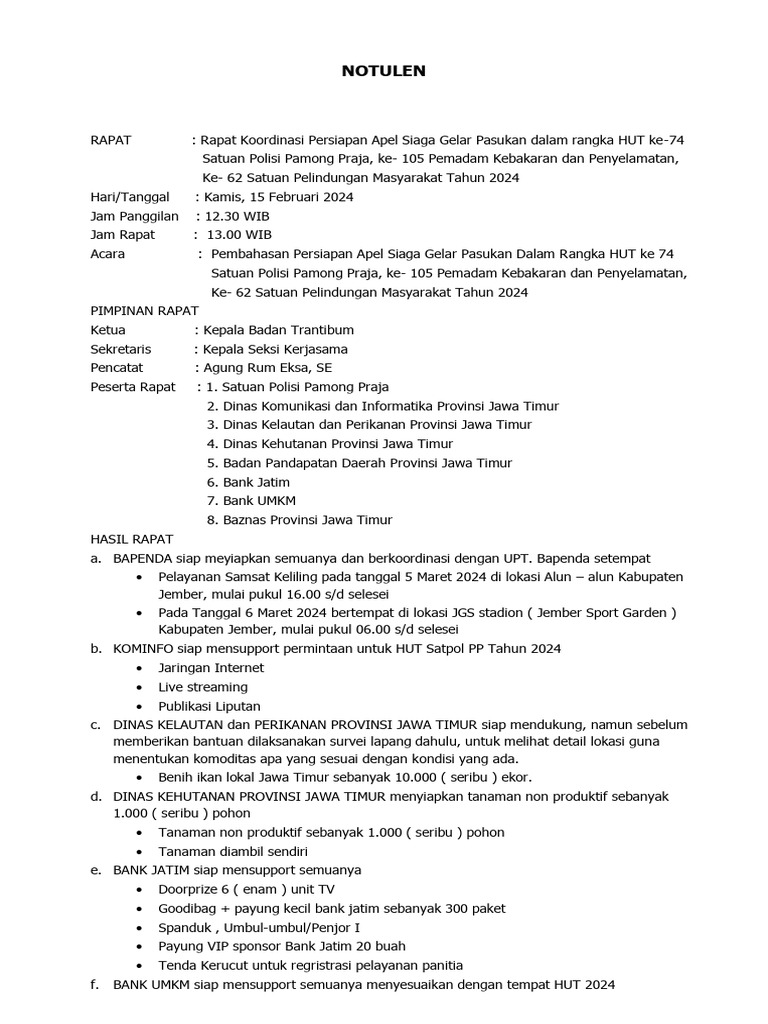 Notulen Rapat Koordinasi Apel Siaga HUT Ke-74 SAT POL PP | PDF
