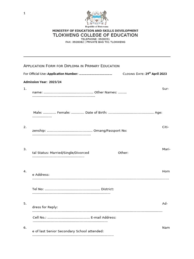 Tlokweng College Application Form 2025 | PDF