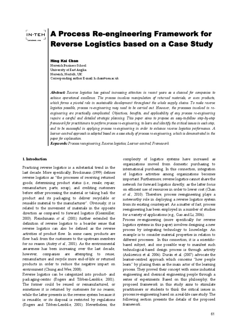 A Process Re-Engineering Framework For Reverse Logistics Based On A ...
