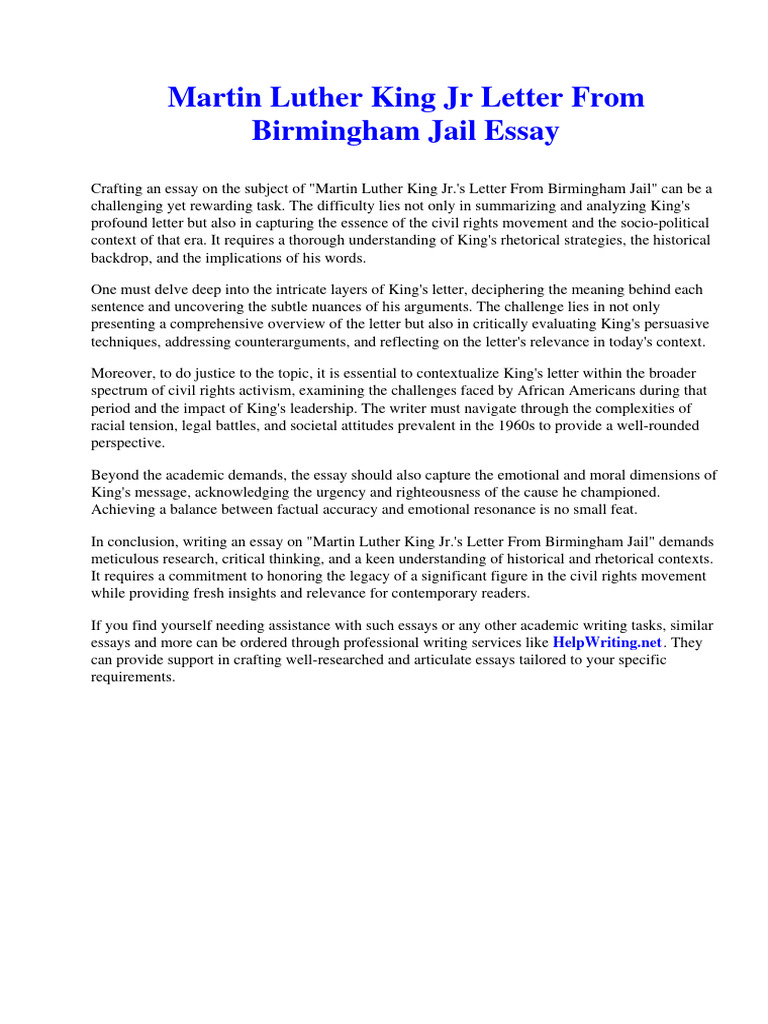 Martin Luther King JR Letter From Birmingham Jail Essay | PDF | Teachers | Essays