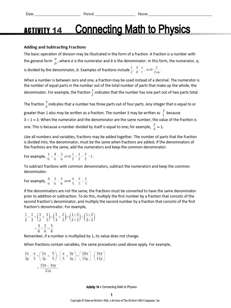 Connecting_Math_to_Physics_Adding_and_Subtracting_Fractions_Student_Editable | PDF | Numbers ...