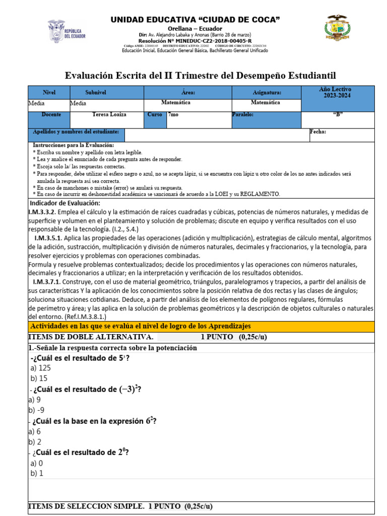 Examen matematica segundo trimestre | PDF | Matemáticas | Matemática Elemental
