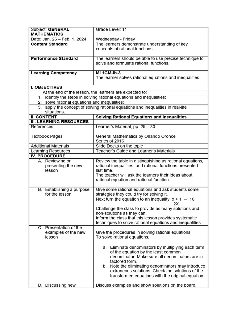 4as Lesson Plan Template | PDF | Equations | Mathematical Concepts