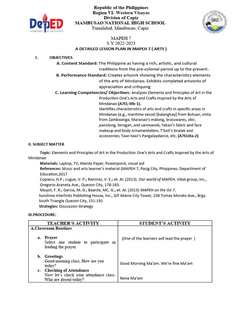 Detailed Lesson Plan in Mapeh 7 | PDF | Composition (Visual Arts ...