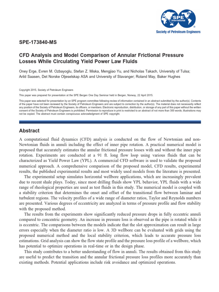CFD Analysis and Model Comparison of Annular Frictional Pressure Losses While Circulating Yield ...