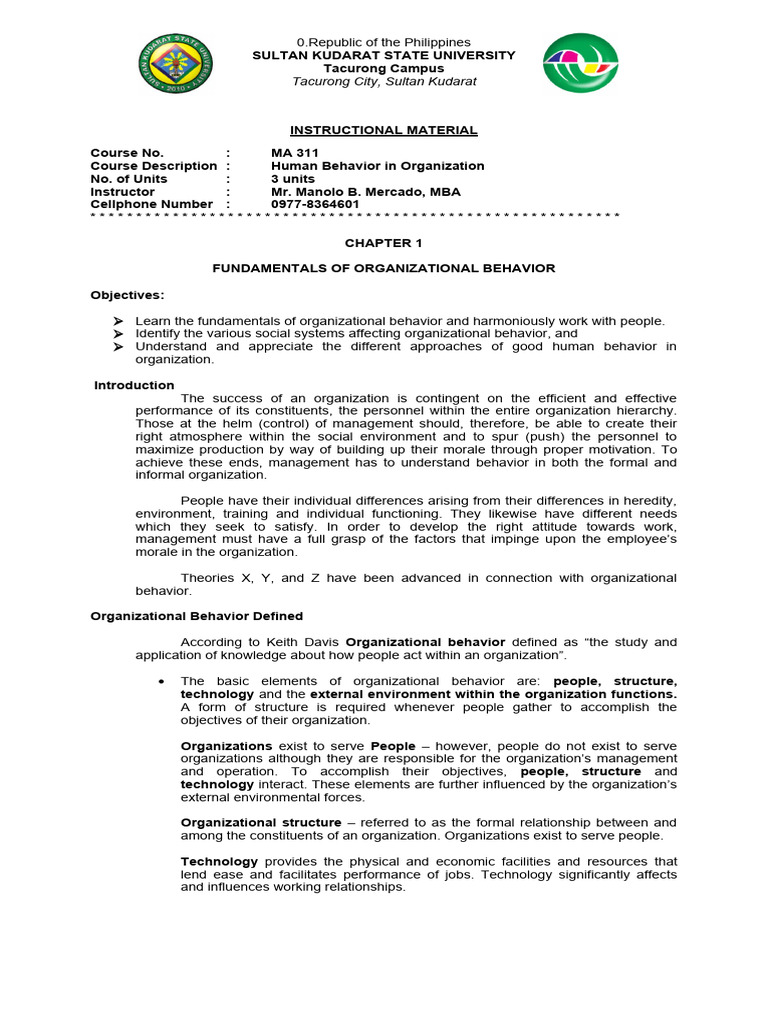 Instructional Material HBO Final MA311 | Download Free PDF | Leadership | Organizational Behavior