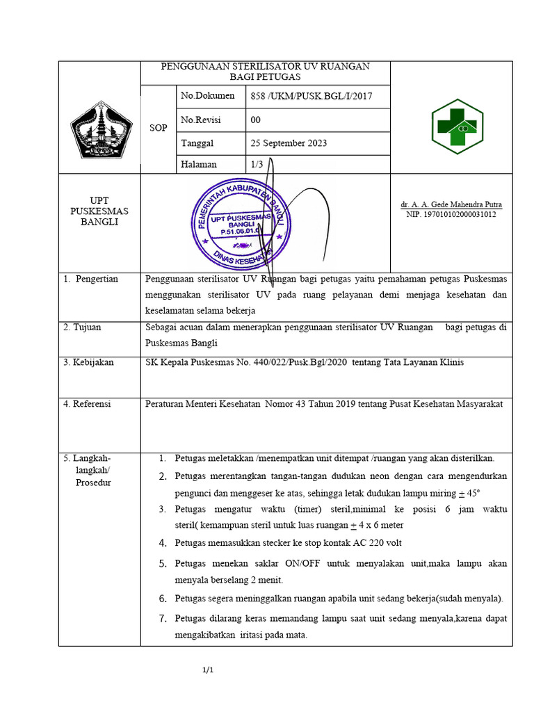 sop penggunaan sterilisator uv ruangan bg petugas | PDF