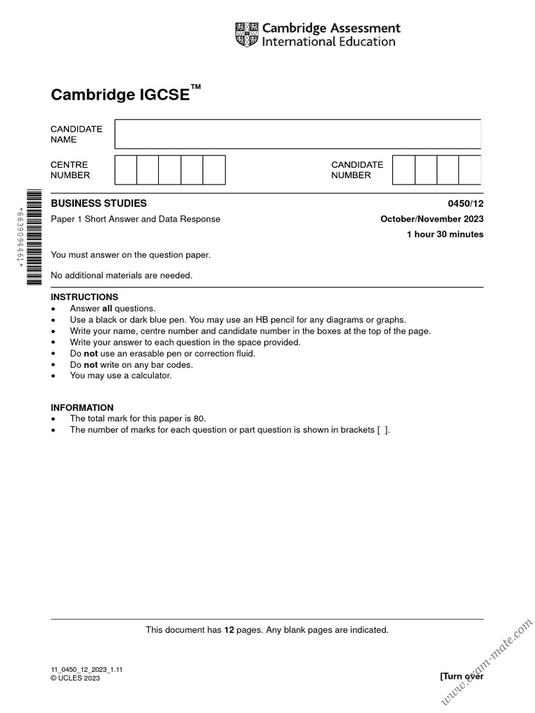 Cambridge IGCSE: 0450/12 Business Studies | PDF | Business Economics ...