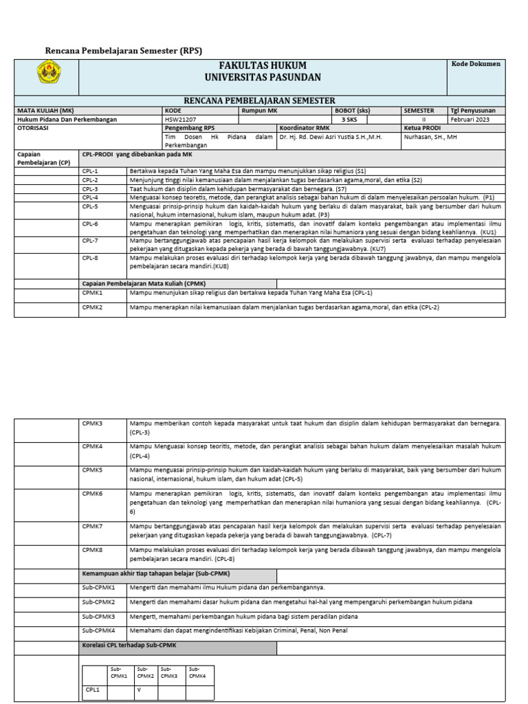 RPS Hukum Pidana Unpas | PDF