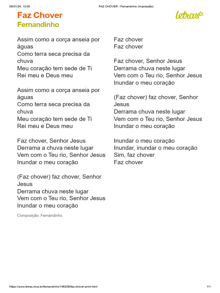 FAZ CHOVER - Fernandinho (Impressão) | PDF