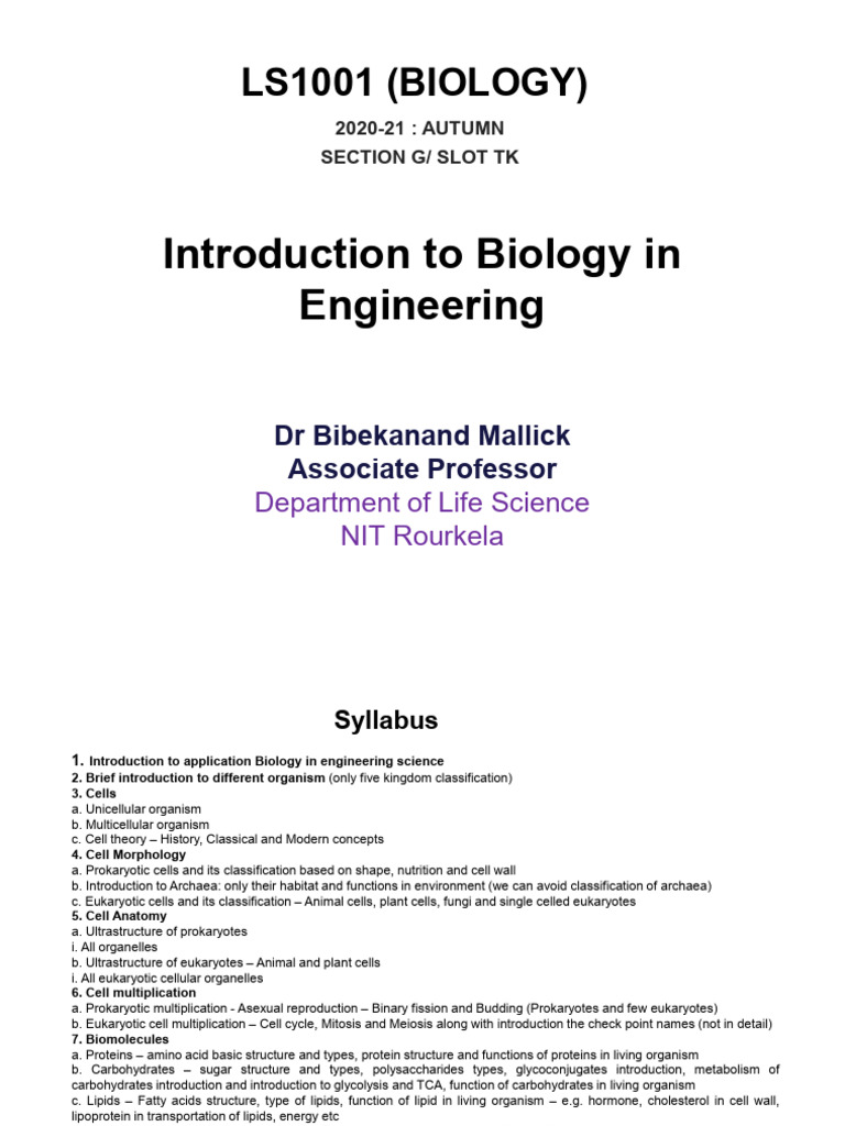 Biology Applications in Engineering Syllabus | PDF | Cell (Biology ...