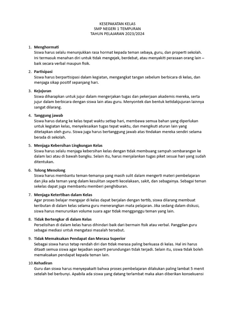 Kesepakatan Kelas Smp 2023 2024 Pdf