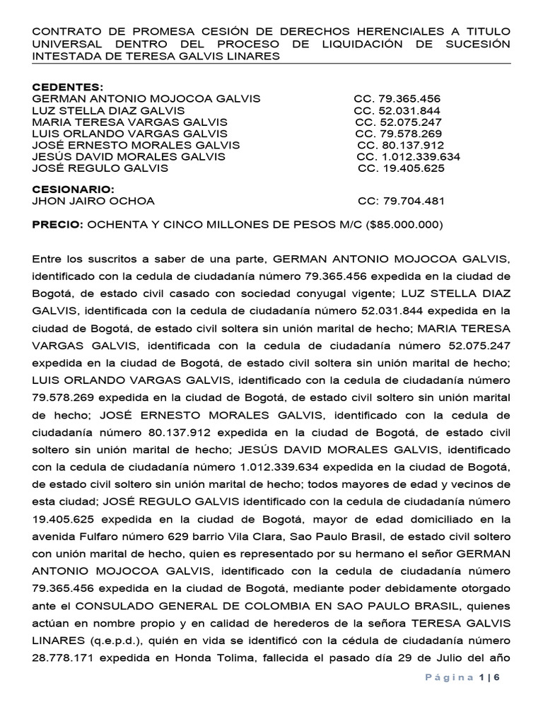 Contrato de Promesa Cesión de Derechos Herenciales | PDF | Ley común ...