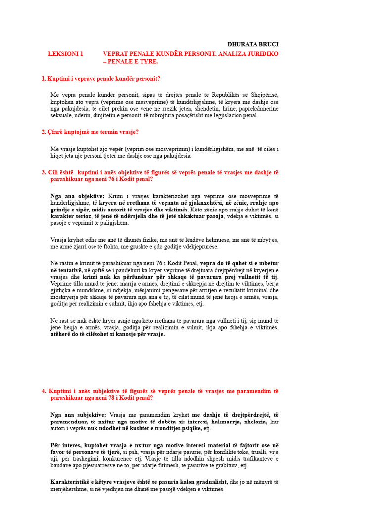 Pyetjet e Provimit Të Ndërmjetëm (Krimet Kundër Personit) | PDF