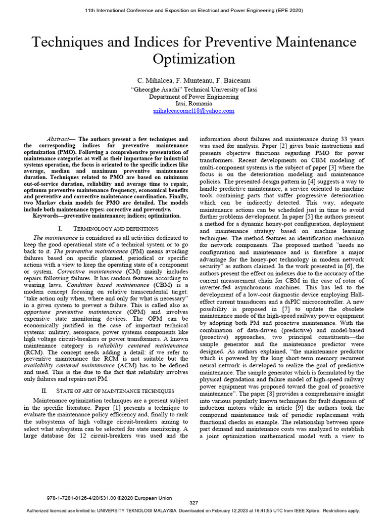Techniques and Indices For Preventive Maintenance Optimization | PDF | Mathematical Optimization ...