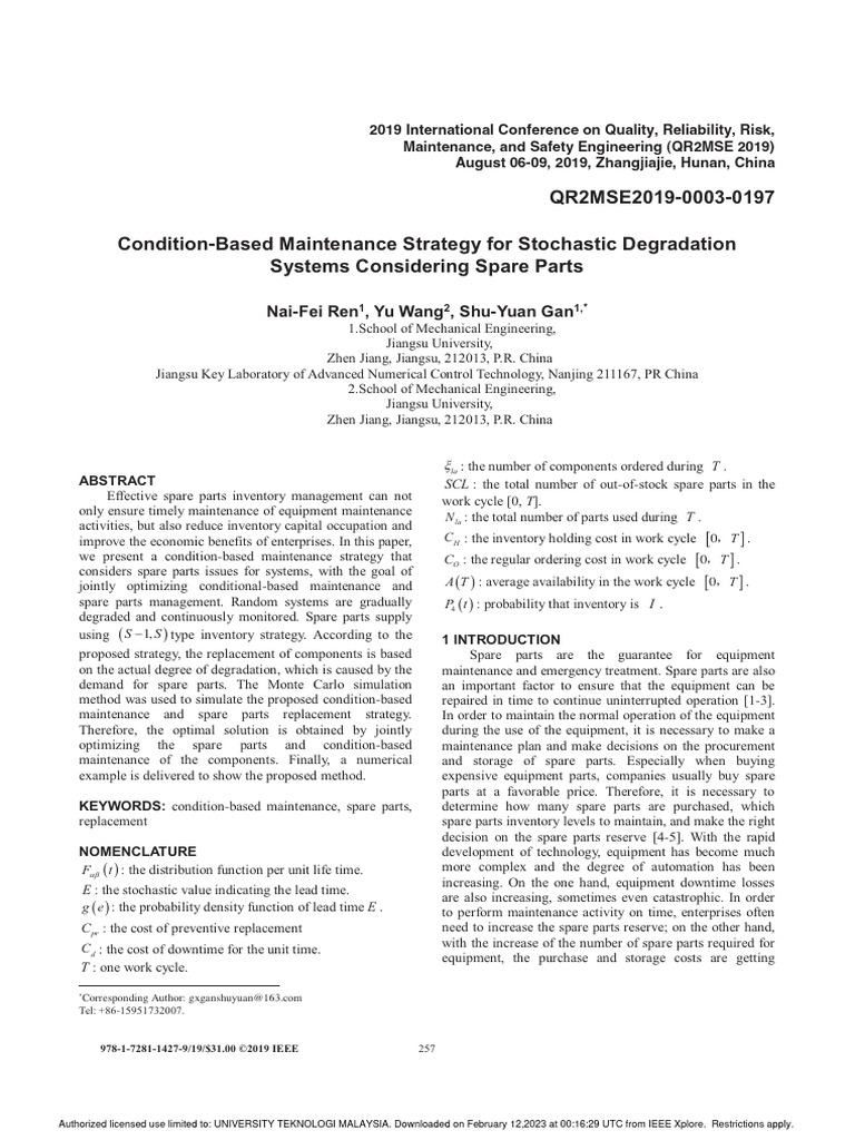 Condition-Based Maintenance Strategy For Stochastic Degradation Systems Considering Spare Parts ...